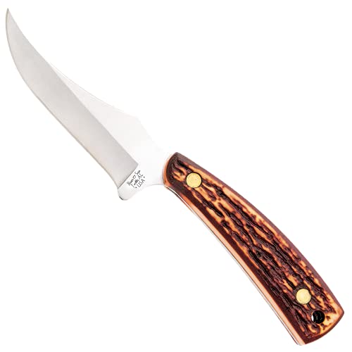 Bear & Son Cutlery 7 1/4" Upswept Skinner Knife, 440 High Carbon Stainless Steel Blade, Stag Delrin Handle, Leather Sheath (753)