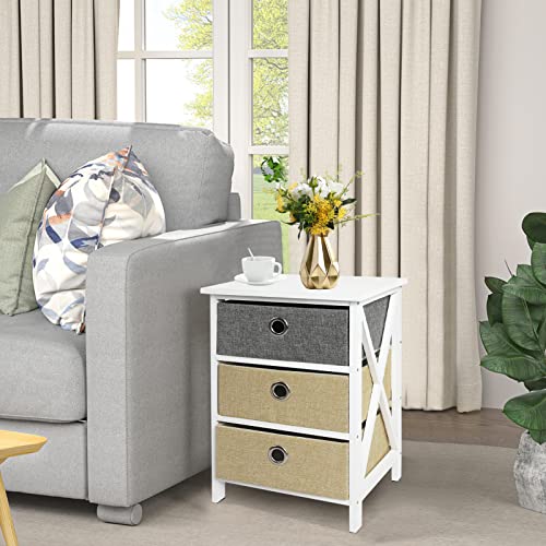 ECOMEX Nightstand Set of 2, Nightstand with 3 Drawers, Small Nightstand with Storage Drawers, Bedside Table with Fabric Bins, Wood Frame, Easy Assembly, White