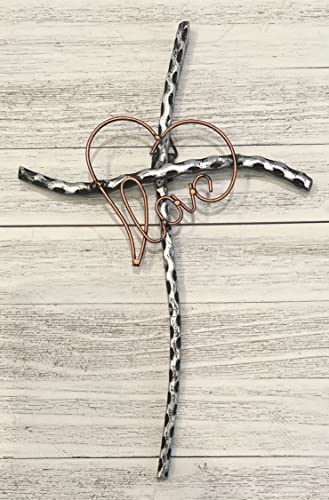 Top Brass Love/Heart Decorative Metal Wall Cross - Welded Wrought Iron - Valentine, Anniversary Jesus Art Decor - Antigue Silver/Copper Finish