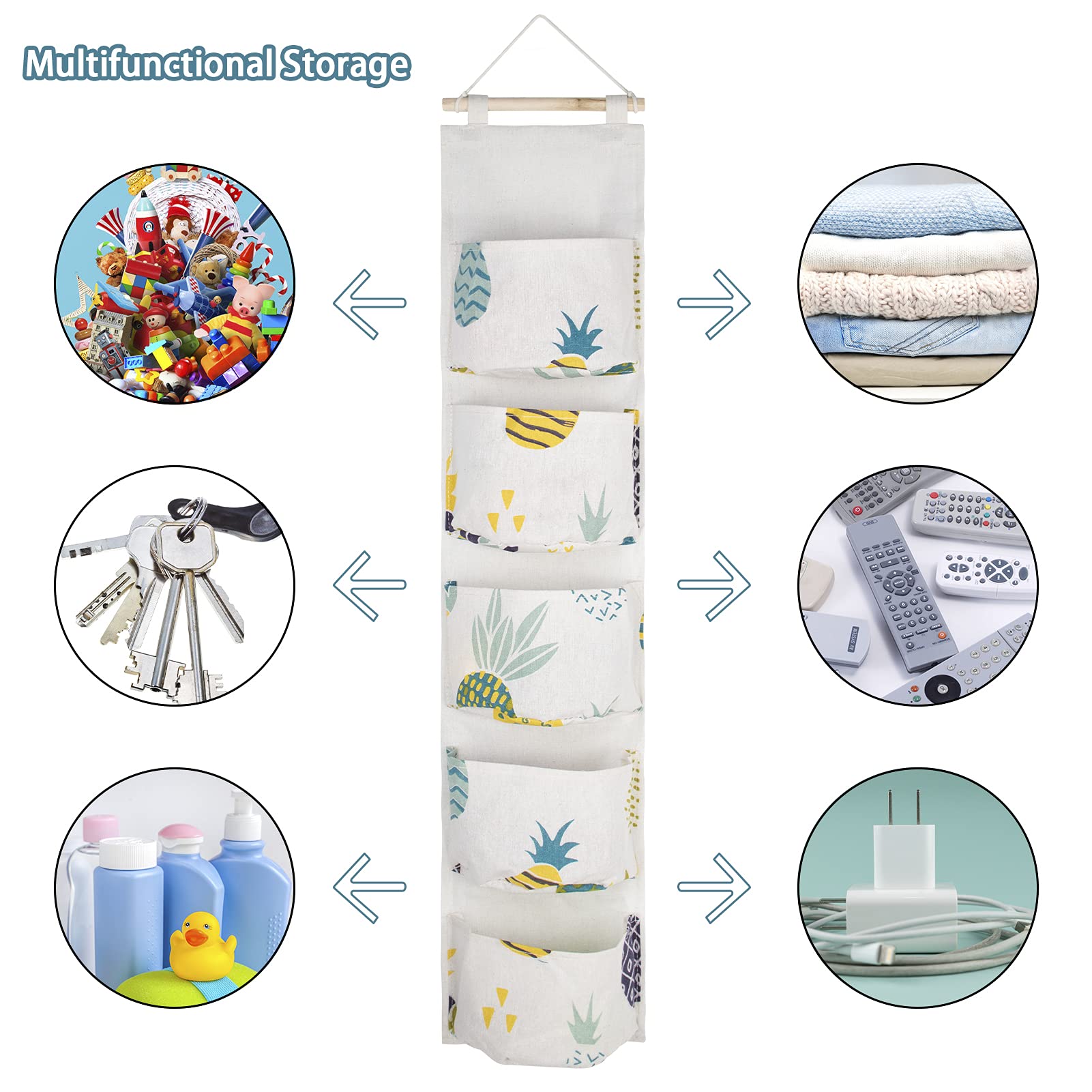 LASZOLA 2Pcs Over The Door Hanging Storage Bag, Waterproof Wall Closet Organizer Linen Fabric Stylish Mount Organizer with 5 Pockets for Bedroom Bathroom Kitchen (Pineapple+Lemon)