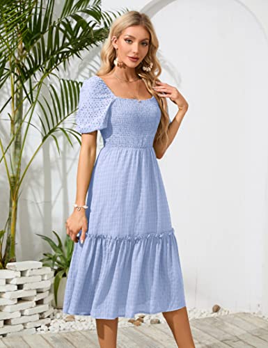 MURMUREY Womens Summer Puff Short Sleeve Boho Smocked Dress Square Neck Empire Waist A Line Layered Midi Dresses