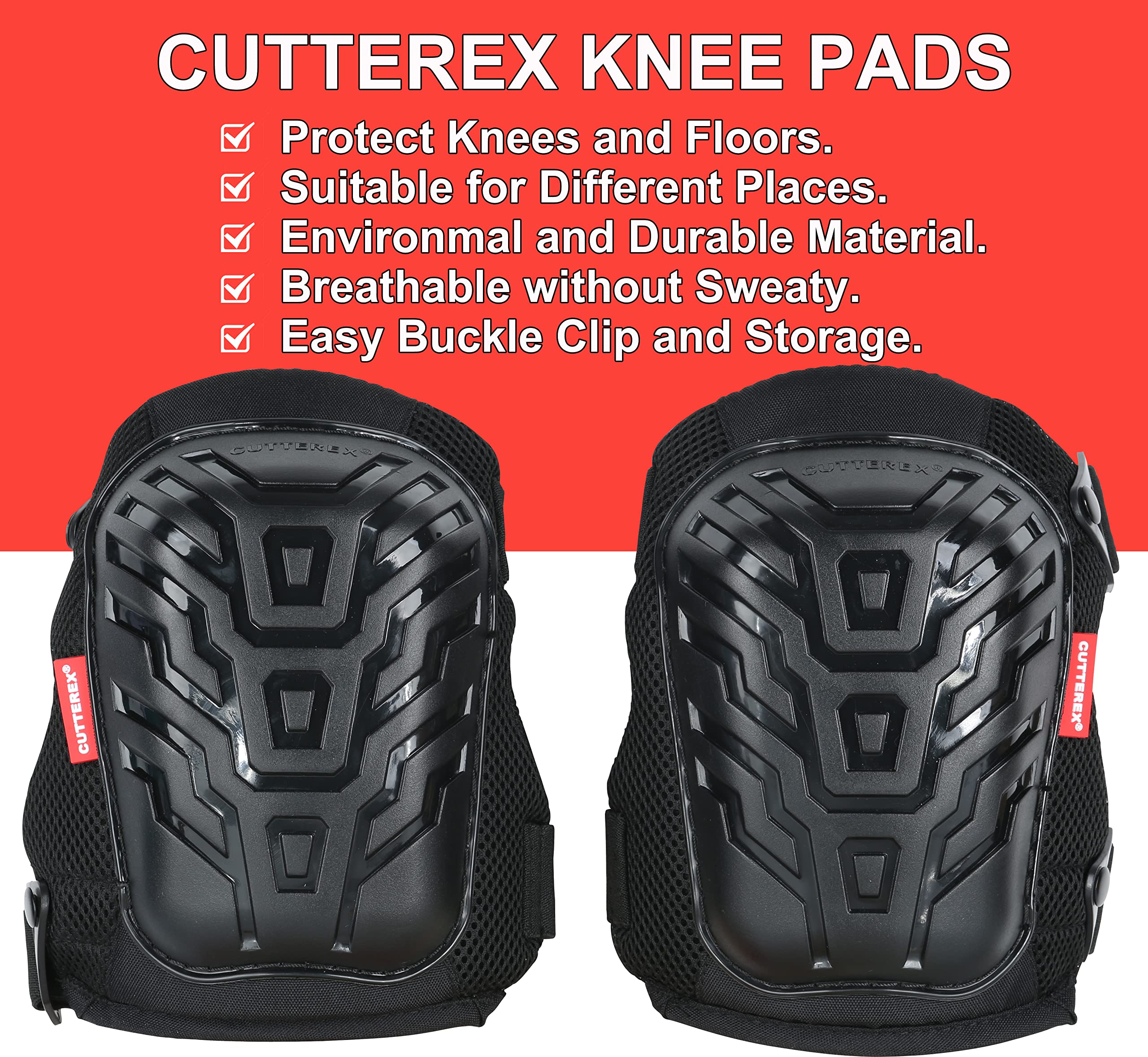 CUTTEREX FLAT Knee Pads for All Kneeling Works, Professional Knee Cushions, Heavy Duty and Protection Design Knee Pad for Flooring, Gardening, Comfortable and Durable, Anti-Skid and Adjustable Clips