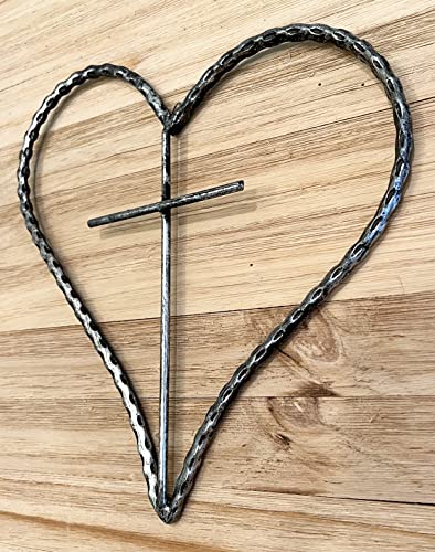 Top Brass Metal Heart/Cross Wall Decor - 12" Rustic Jesus Love Art Plaque (Antique Silver)