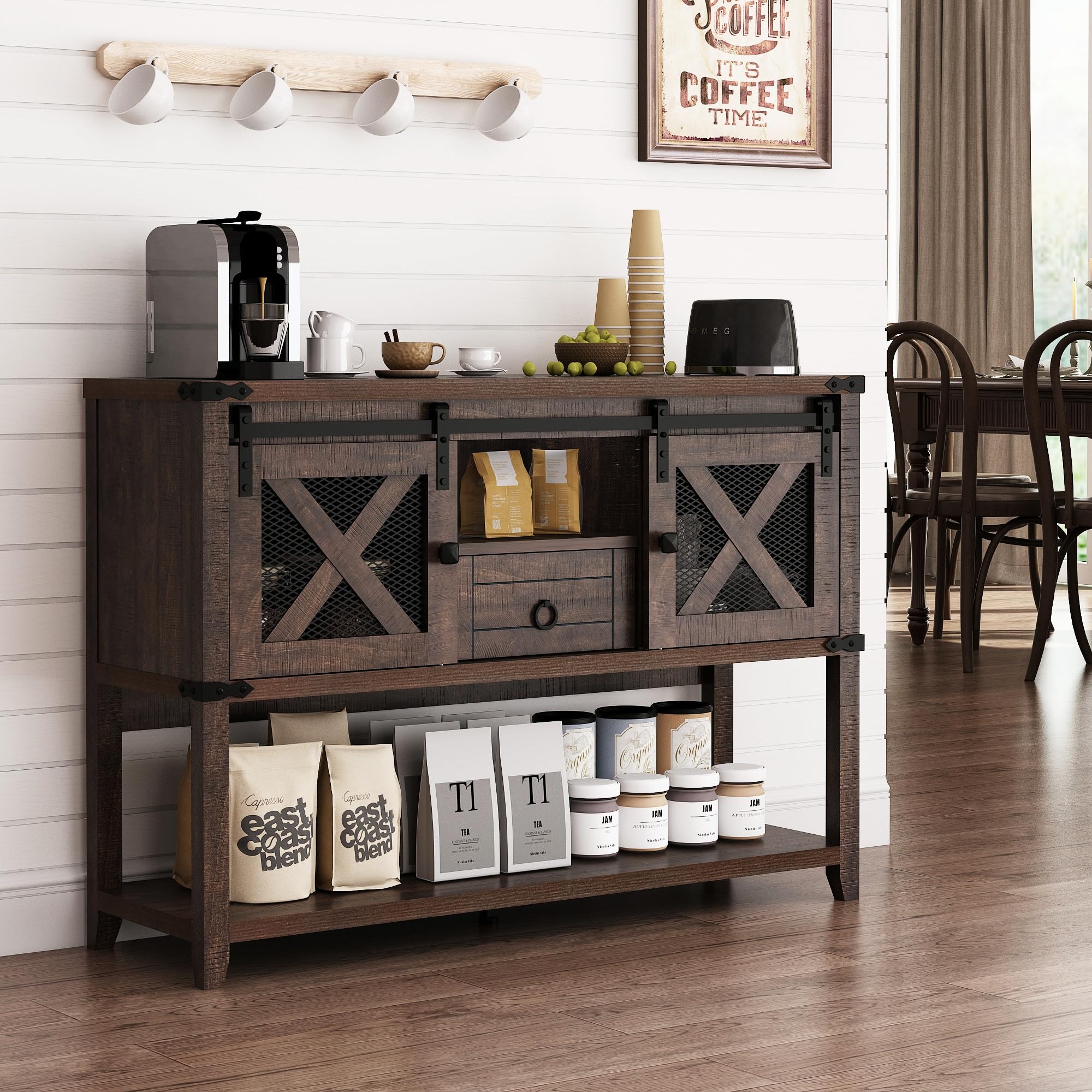Hlivelood Farmhouse Entryway Table with 2 Sliding Barn Doors & Drawer, 46'' Rustic Console Table with Storage, Open Shelf Space, Industrial Sofa Table for Living Room, Entryway, Hallway, Brown