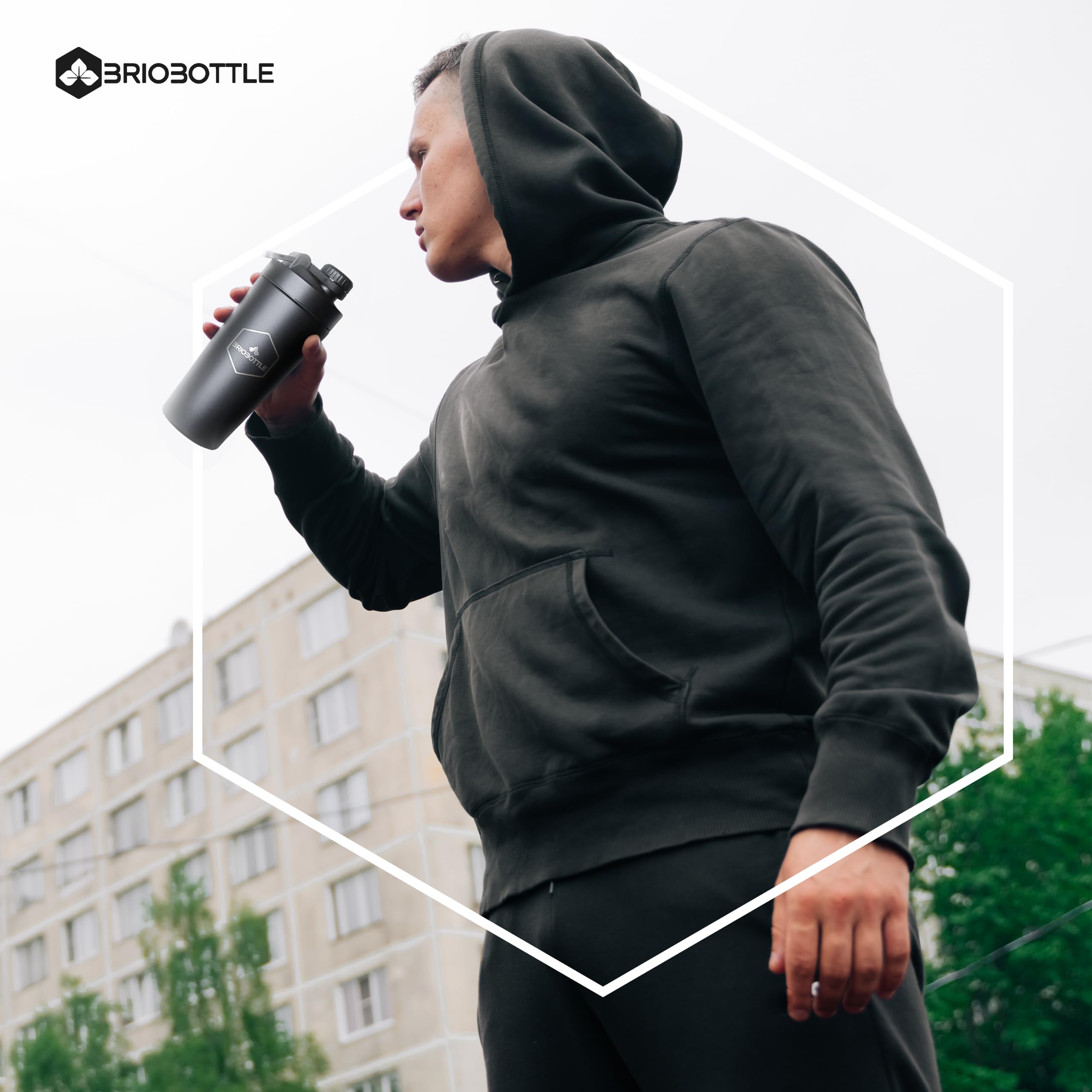 BrioBottle ™ Stainless Steel Shaker Bottle - 24oz Insulated Protein Metal Cup - Reusable Odor Resistant Smoothie Shaker Bottle - Black Water Bottle