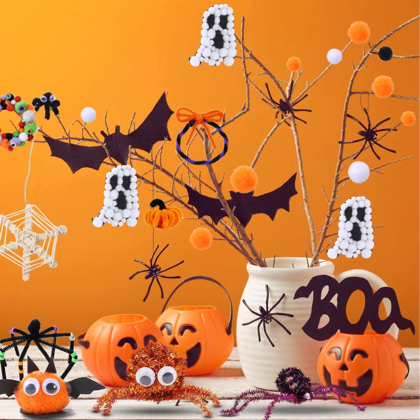 Caydo 200Pcs Halloween Pipe Cleaners with 100Pcs Wiggle Eyes for Kids, Glitter Chenille Stems for Halloween Art & Craft Projects DIY Creative Crafting (6 mm x 12 Inch)