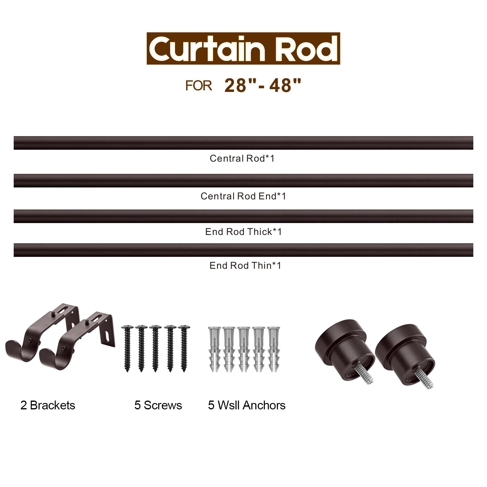 Briofox Bronze Curtain Rods for Windows 28 To 48 Inch, 1 Inch Heavy Duty Adjustable Curtain Rod With Modern Decorative End Cap Finials WIth Brackets【NOT TENSION ROD】