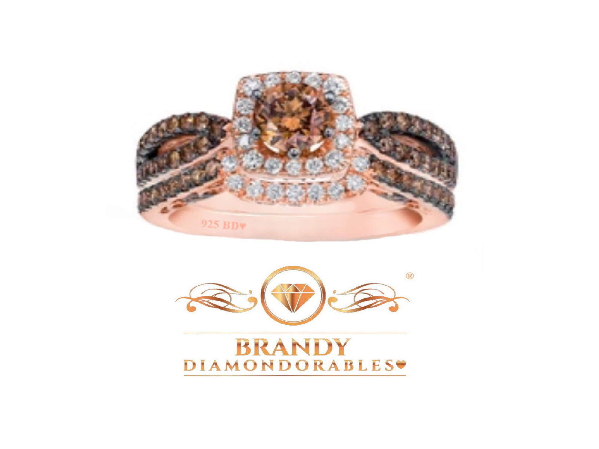 BRANDY DIAMONDORABLES♥ 18K Rose Gold Silver Chocolate Brown Solitaire Princess Halo Bridal Love Ring Set 2 Ctw.