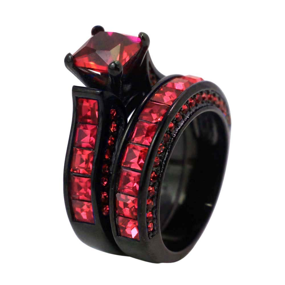 Black Gold Plated Womens Wedding Ring Sets Bridal Sets Princess cut Red Cz Engagement Ring Wedding Bands