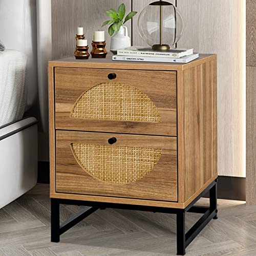 Recaceik Ratten NightStand, Natural End/Bedside Table Cabinet with 2 Ratten Drawers Storage and Metal Legs, Rustic Shelf Bedside End Side Accent Table for Living Room, Bed Room…