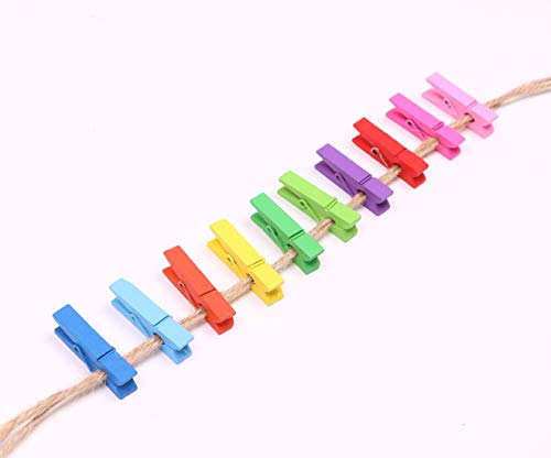 Penta Angel 120PCS Mini Bright Colored Spring Natural Wooden Clothespins Photo Paper Peg Pin Craft Clips with Twine