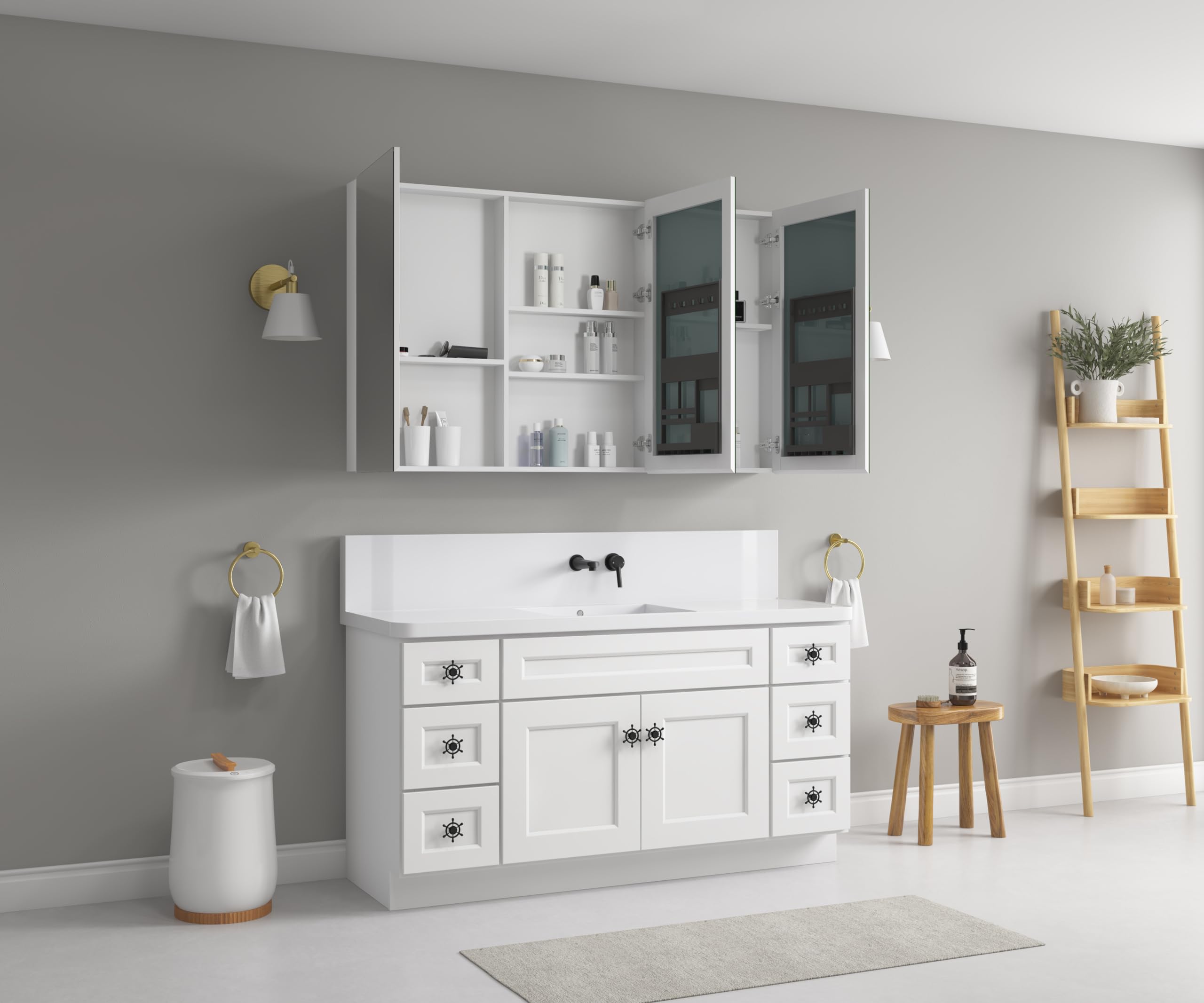 THNIKRE 60"x36" Bathroom Medicine Cabinet with Mirror, Wall Cabinet with 3X Adjustable Height & Angle Magnifier, Behind Door Storage, Wooden Storage Shelves, HD Shatter-Proof Mirror