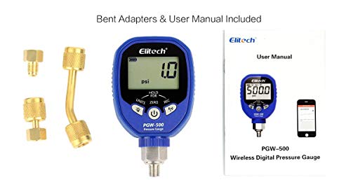 Elitech PGW-500 Wireless Digital Pressure Gauge with Temperature App Alerts for HVAC System IP65 Waterproof -14.5~500 PSI 1/8'' NPT