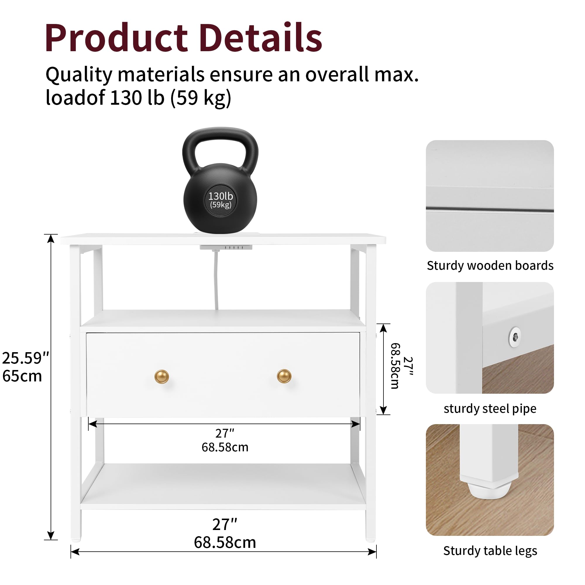 Edbuosy 2 Sets 27 inch Nightstand Side Table with 1 Layer of Wooden Drawers,Nightstand with Charging Station,End Table Bedside Table with USB Ports and Outlets