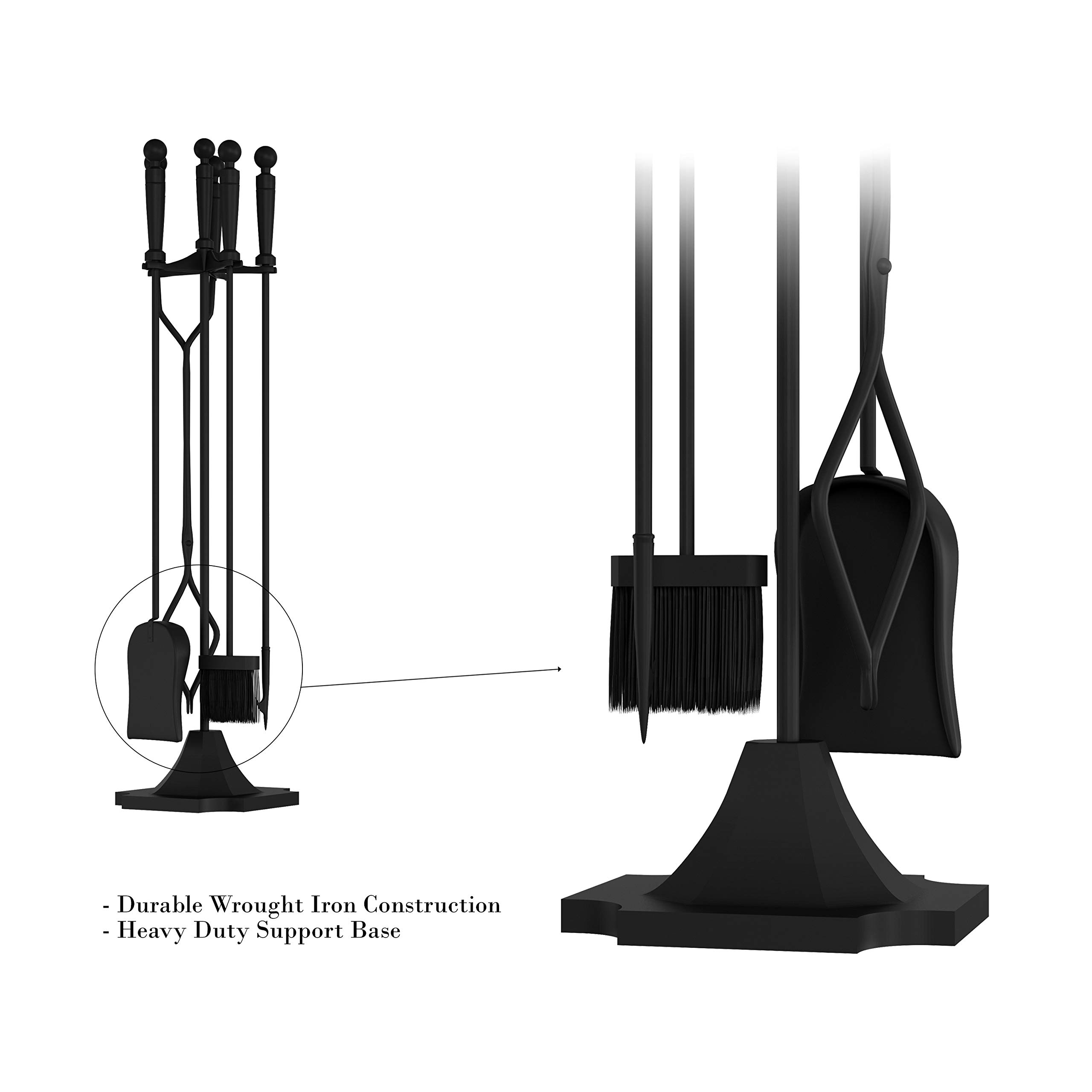 Lavish Home 5-Piece Fireplace Tools Set - Essential Heavy-Duty Accessories for Fireplaces - Includes Tongs, Shovel, Broom, Poker, and Stand