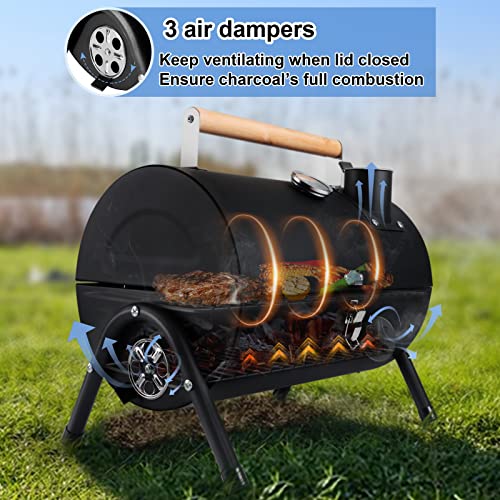Portable Charcoal Grill, HaSteeL Small Folding Outdoor Grill, Mini Black Barbecue Grill with Thermometer, Compact Tabletop BBQ Grill for Camping Picnic Backyard Patio, 116 Square Inches & Screwdriver