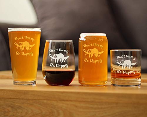 Don't Hurry, Be Happy - Sloth Stemless Wine Glass - Large Glasses - Cute Funny Sloth Gifts for Women
