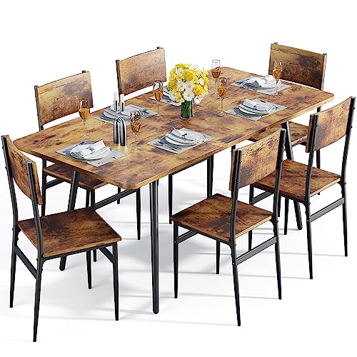 Qsun 7-Piece 63" Dining Table Set for 4-6 People, Extendable Kitchen Table Set with 6 Chairs, Dining Room Table with Metal Frame and Solid MDF Wood Board for Kitchen, Rustic Brown