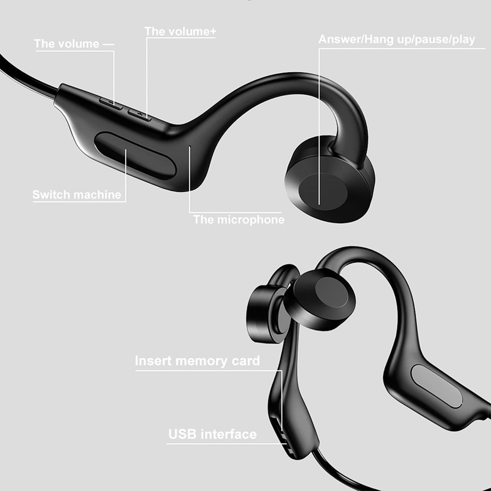 Bone Conduction Headphones Open Ear Bluetooth Wireless Sports Earbuds with Microphone Memory Card Waterproof Noise Cancelling Long Battery Life Headset Over Ear for Android iOS Running Workout Cycling