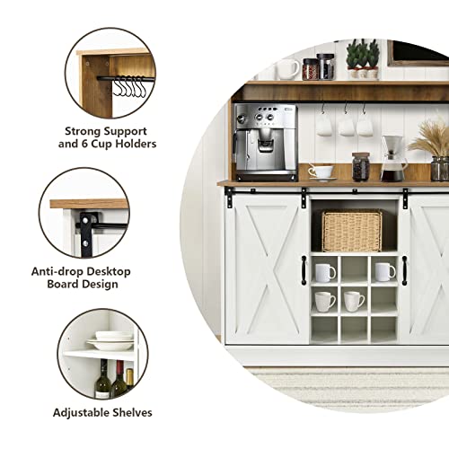 Farmhouse Coffee Wine Bar Cabinet with 6 Hooks, Sliding Barn Door, 47ββ Sideboard Buffet Cabinet with Adjustable Shelf for Kitchen, Dining Living Room, White