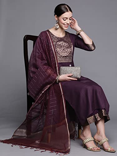 INDO ERA Indian Women's Magenta Cotton Blend Yoke Design Calf Length Straight Kurta Palazzo With Dupatta Set