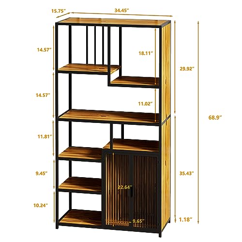 Industrial Bookshelf 69 Inch Tall Etagere Bookcase, Display Shelf with Open Storage Shelves and Right Side Cabinet, Modern Bookcases with Metal Frame for Home Office Living Room and Bedroom, Right