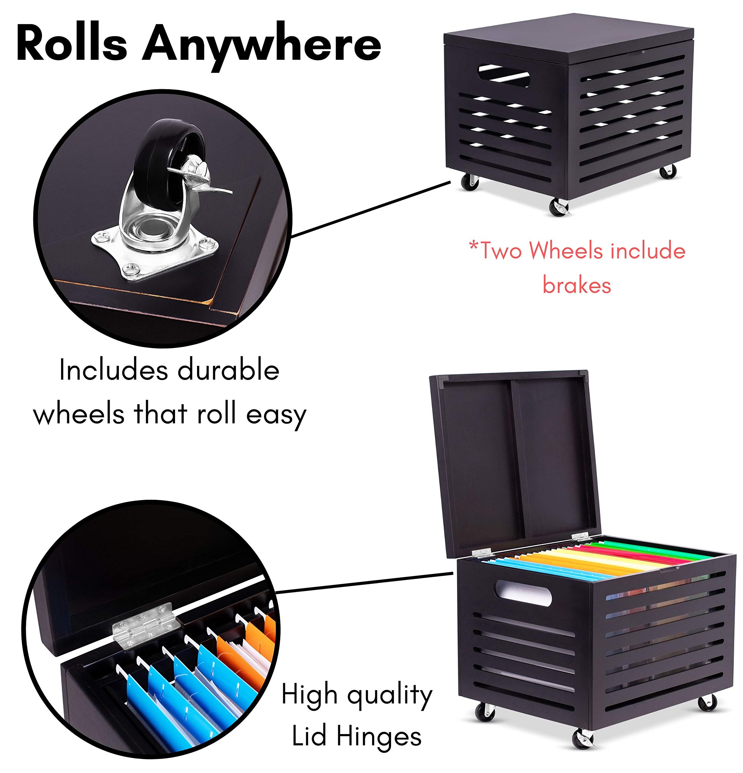 BIRDROCK HOME Rolling File Storage Organizer Box with Lid (NEW VERSION) - Bamboo - Decorative Wood Hanging Filing & Storage Office Box - Letter or Legal - Strong Durable - Toys Blankets - Cafe Noir