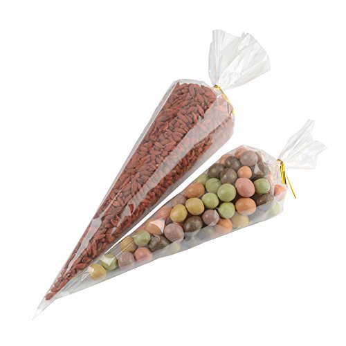 COOLAKE Clear Cone Bags 100PCS Cellophane Triangle Clear Treat Bags with Gold Twist Ties for Christmas Candy Popcorn Handmade Cookies Sweets Crafts 14.5β by 7β