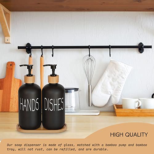 Glass Soap Dispenser Set. Hand Soap and Dish Soap Dispenser with Bamboo Tray. Vintage Soap Dispenser with Pump for Kitchen Sink and Bathroom. Stylish Permanent Label (Matte Black)