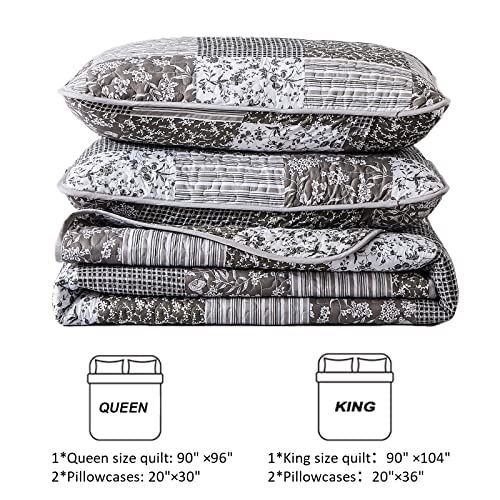 Mybedsoul Grey Boho Quilt Set Queen Size,3 Pieces Plaid Floral Bedspread Coverlet Set for All Season,Patchwork Reversible Bedding Set Queen 90"x96"