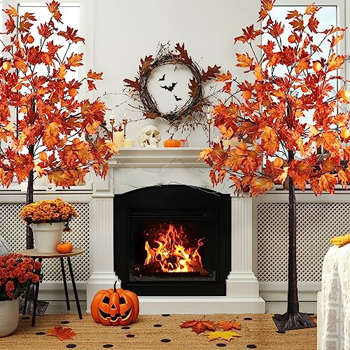 GTIDEA 6FT 120LED Lighted Maple Tree Fall Halloween Decorations, Artificial Fall Tree with 8 Flashing Mode 216 Fall Leaves for Thanksgiving Autumn Porch Farmhouse Home Decor Indoor Outdoor