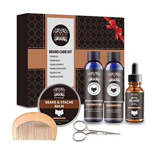 Beard Care Kit, Organic Beard Grooming & Growth Set with Beard Oil, Beard Balm, Beard Wash, Beard Conditioner, Beard Comb, Beard Scissors