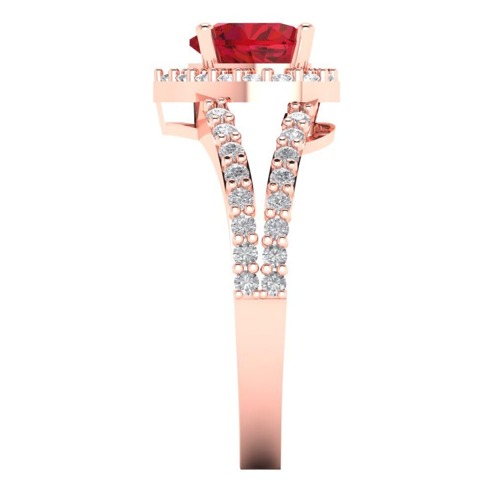 Clara Pucci 1.69ct Heart Cut Solitaire Halo split shank Red Ruby Designer Wedding Bridal art deco Anniversary Ring 14k Rose Gold 6