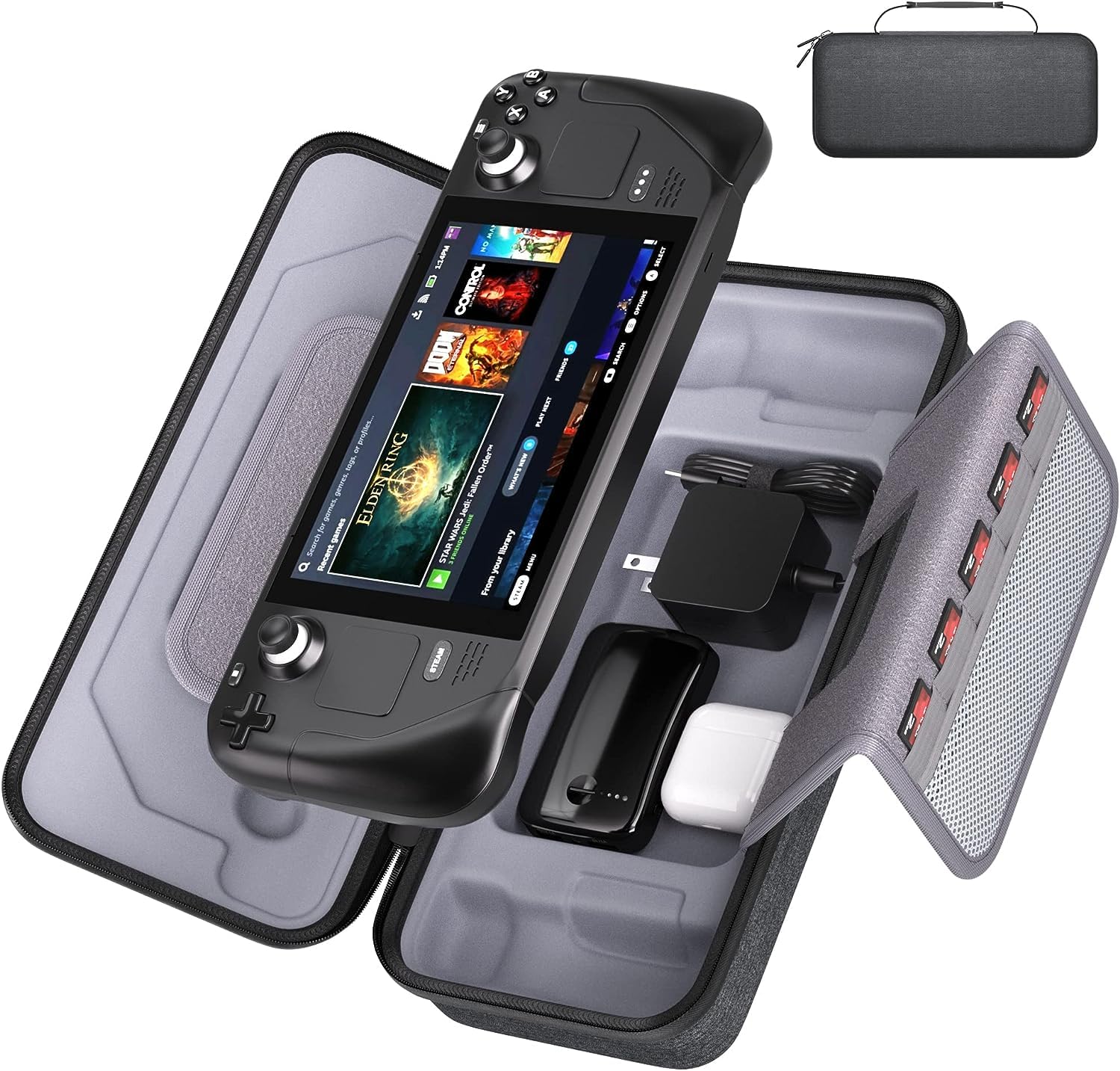 Carrying Case for Steam Deck, Portable Hard Shell Travel Case for Steam Deck Console and Accessories Comes with a Soft Lining, Extra AC Adapter Charger Storage Space, SD Card Pockets