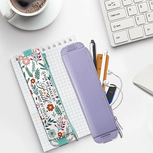 FINPAC 2-Pack Elastic Pencil Case for Notebook, Leather Pen Holder Stationery Zipper Bag for Pencils, Markers, Pen Pouch w/Elastic Band for Bible Journaling, Planners, Tablets (Spring Bloom & Lilac)