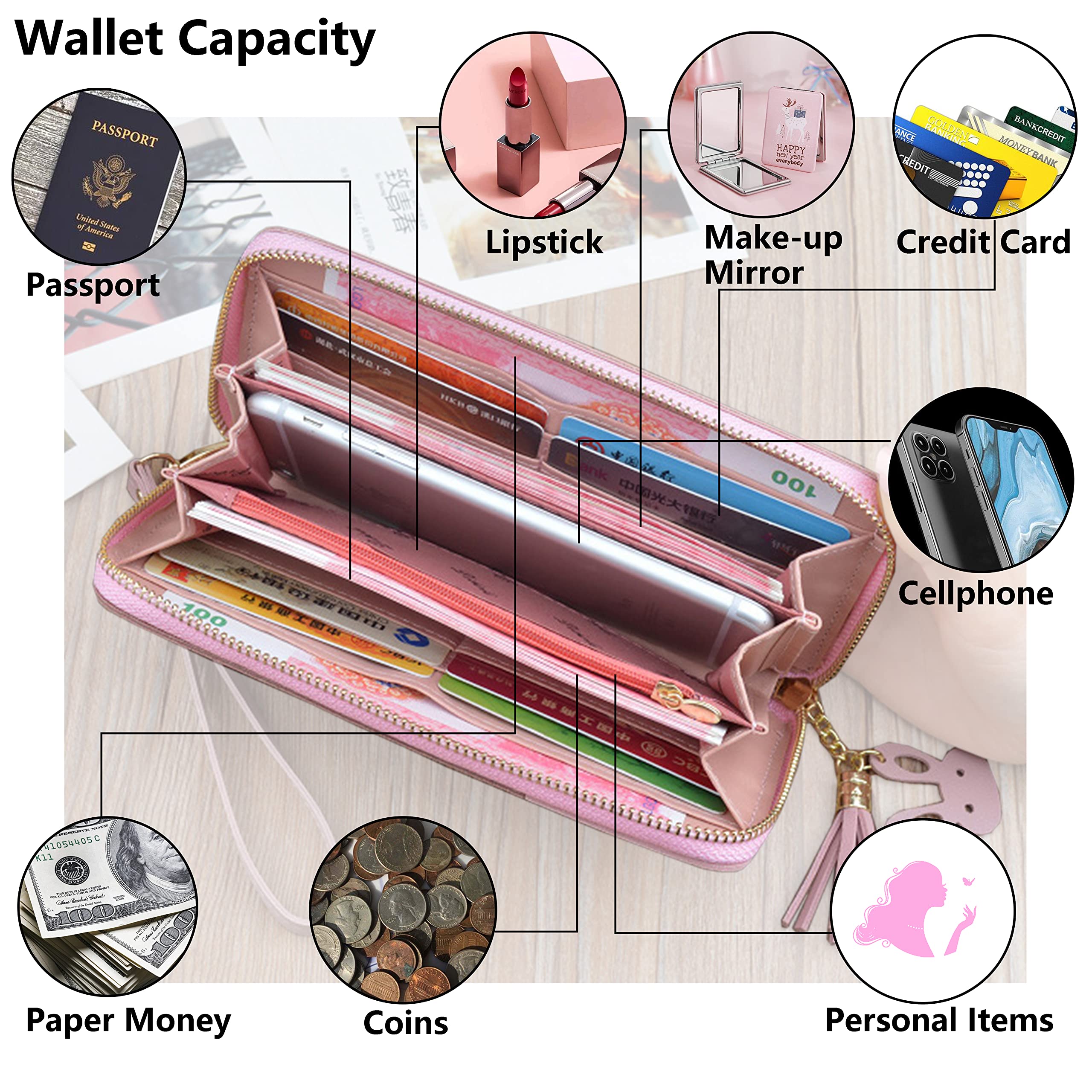 LCLWIN RFID Wallets for Women PU Leather Multi Credit Card Large Capacity Zip Around Clutch Travel Purse, 3.8 women's Day gifts…, Pink