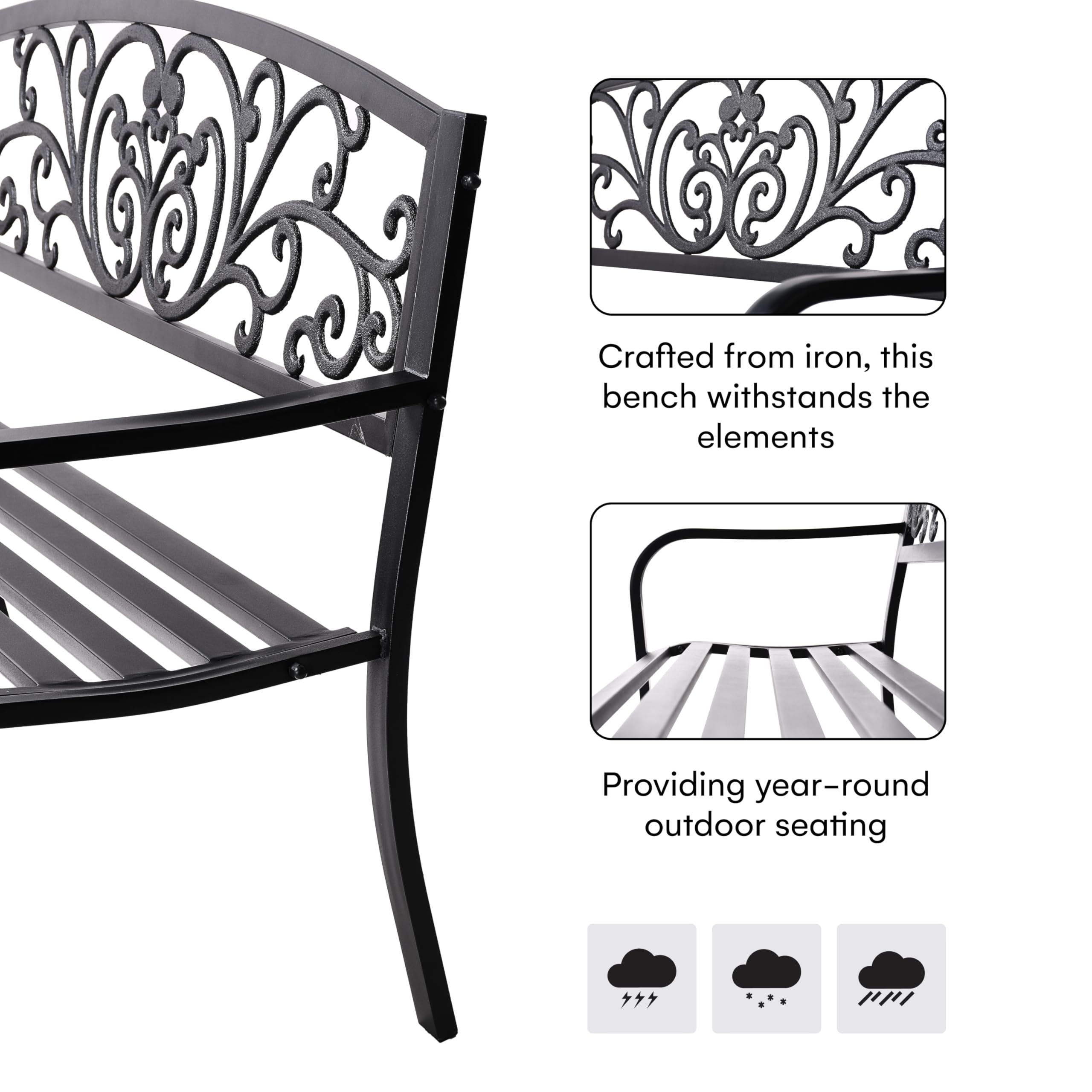 flybold Outdoor Bench Garden Bench with Armrests Steel Metal Bench for Outdoors Lawn Yard Porch - Black Walnut