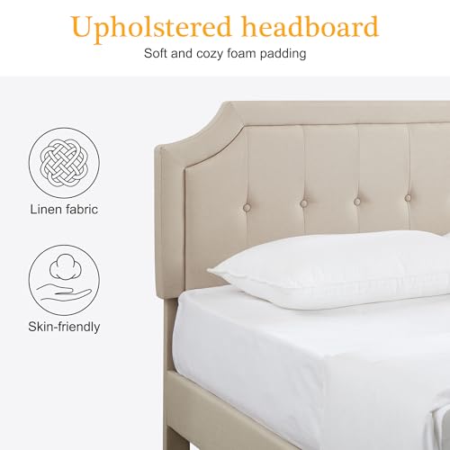 VECELO Full Size Platform Bed Frame with Fabric Upholstered Headboard and Wooden Slats Support, No Box Spring Needed/Easy Assembly,Beige