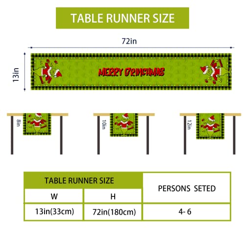 FARMNALL Linen Green Christmas Table Runner Merry Grinchmas Tablecloth Christmas Xmas Winter Holiday Home Kitchen Table Decorations 13x72 Inch