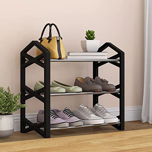 LODFHLL 3-Tier Small Shoe Rack,Metal Lightweight Shoes Shelf Multifunctional Organizer Stackable Stand Footwear Display Shelf,for Closet Hallway Entryway Living Room Bedroom (3-Tier Black Shoe Rack)