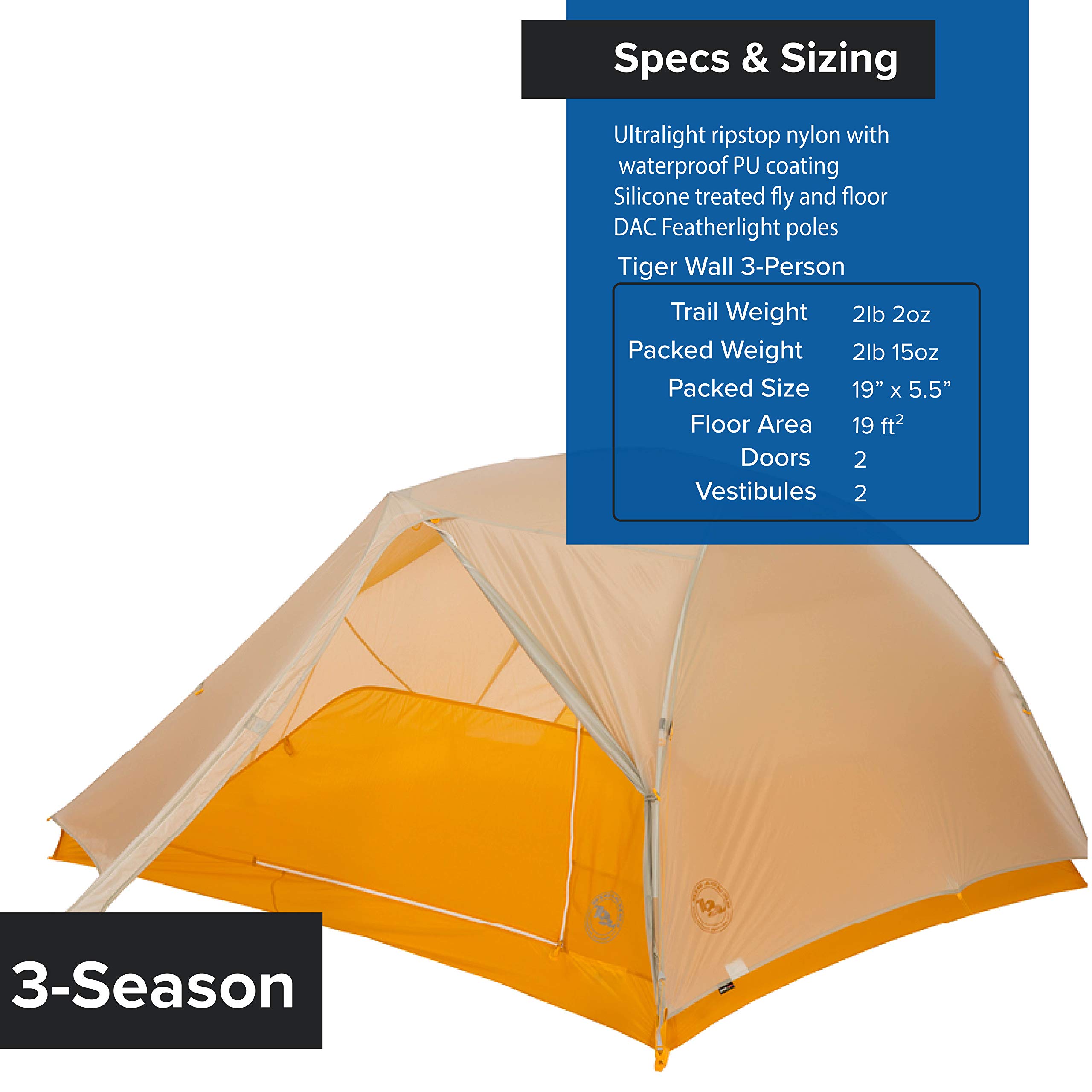 Big Agnes Unisex's Tiger Wall Tent, Grey/Gold, 3 Person