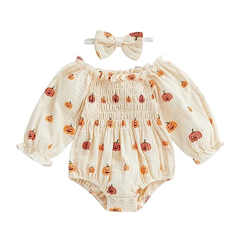 farrubbyine8 Baby Girl Halloween outfit Cute Pumpkin Romper Long Sleeve Bodysuit First Halloween Outfit Newborn Girl Fall Clothes (Beige, 12-18 Months)