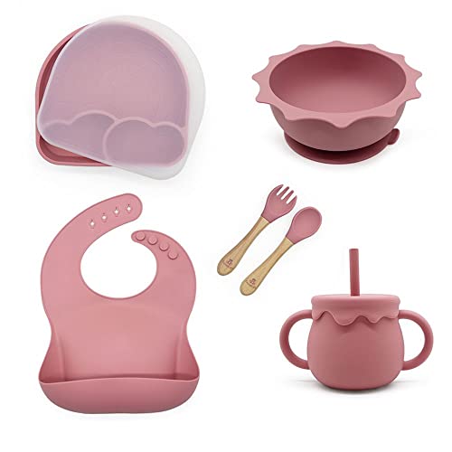 Luxekids Silicone Baby Feeding Set - Silicone Baby Led Weaning Supplies - Baby Bowls and Spoons First Stage - Utensils for Toddler - Dinnerware Dish Set for Eating Solid Food - 8 Piece Set (Dark Pink)