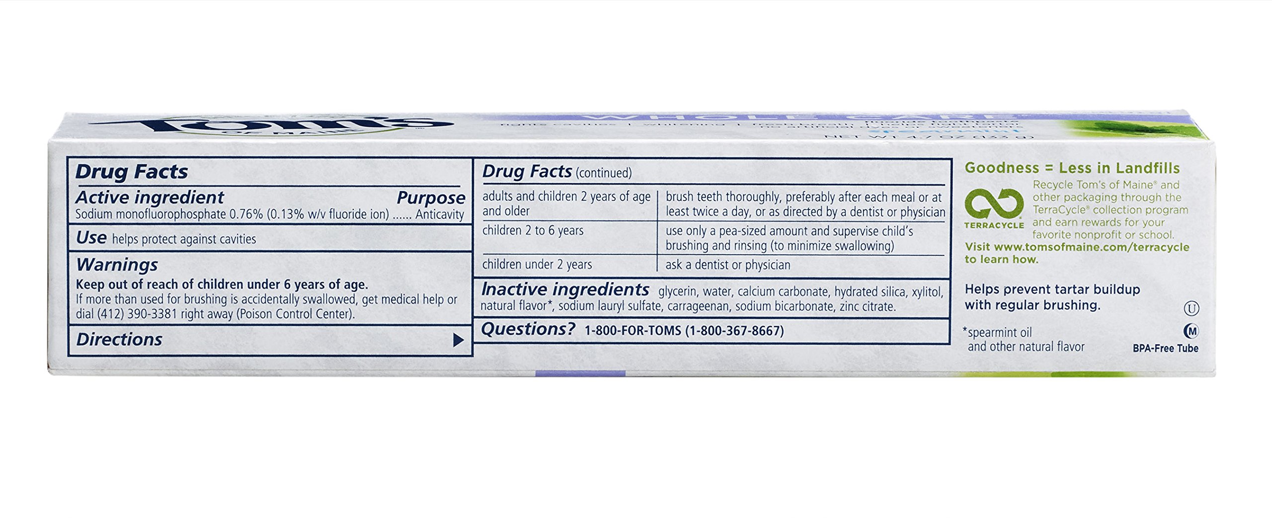Tom's of Maine Whole Care Fluoride Toothpaste, Natural Toothpaste, Whitening Toothpaste, Spearmint, 4.7 Ounce, 2-Pack
