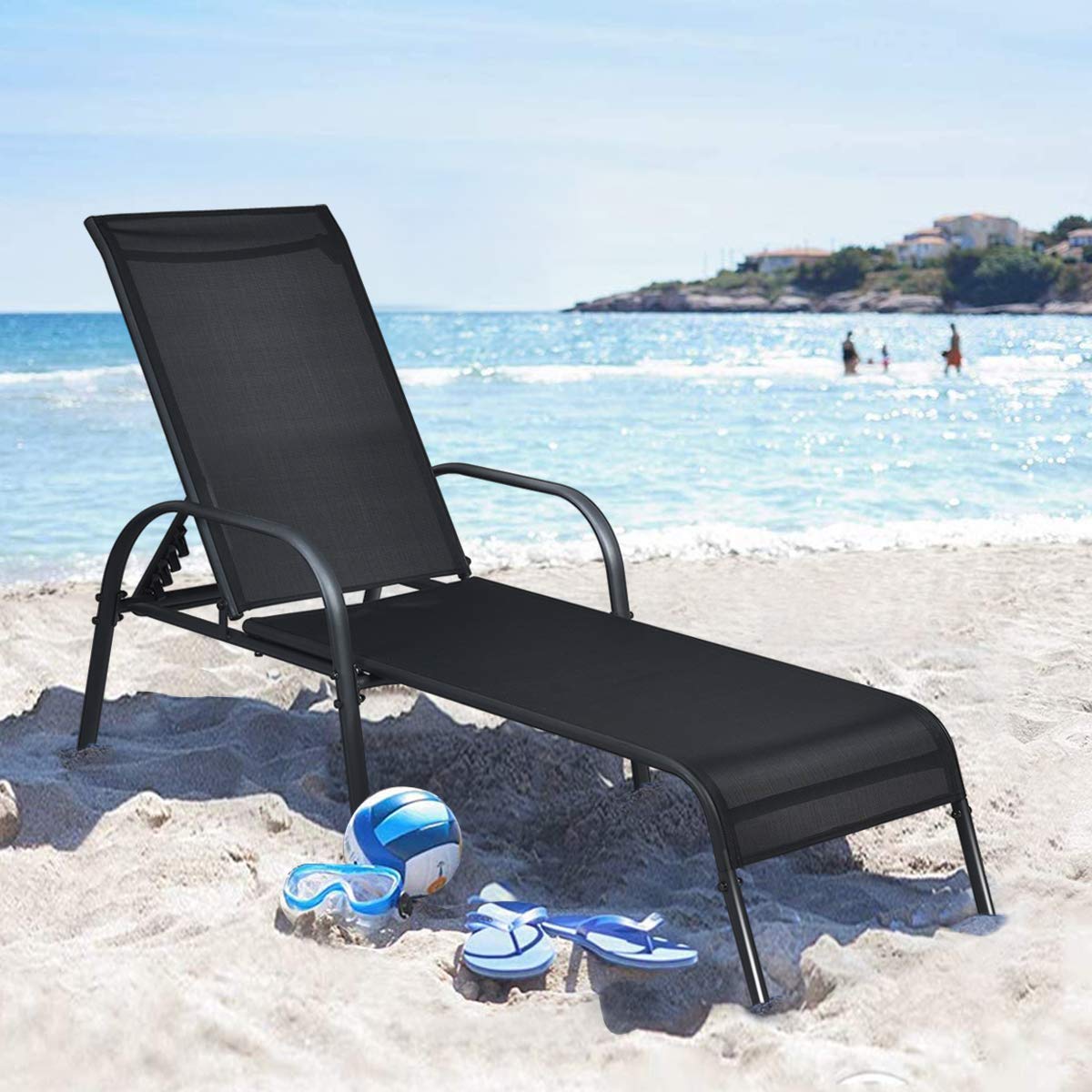 Giantex 2 Pcs Lounge Chairs Patio Furniture, Backyard Lawn Sling Chaise w/Adjustable Back, Folding Recliners for Outdoor, Black