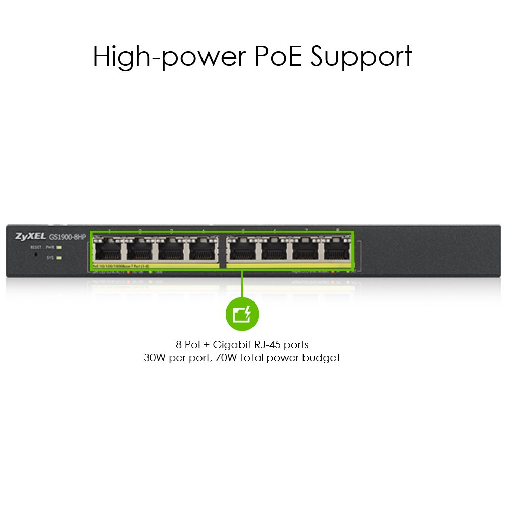 ZYXEL 8-Port PoE Switch Gigabit Ethernet Smart (GS1900-8HP REV 03F) - Managed, with 8x PoE+ @ 70W, Desktop or Wall mount. Limited Lifetime Protection