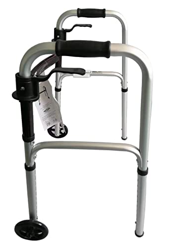 HEALTHLINE 2 Wheel Walker for Seniors & Adults - Deluxe Lightweight Foldable Walker with Wheels 5" up to 350 lbs and Free 2 Pair of Rear Glides & Triggers (Red)