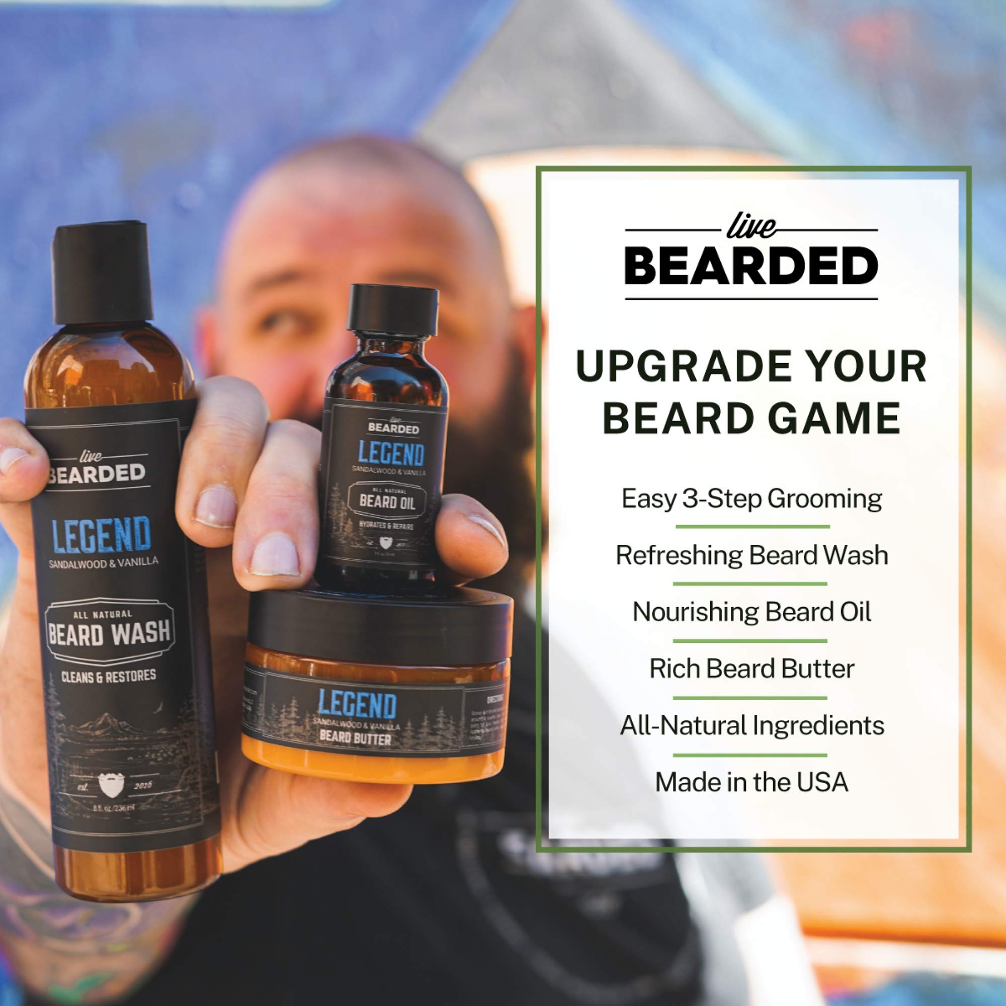Live Bearded 3-Step Beard Grooming Kit - 1880 - Beard Wash, Beard Oil and Beard Butter - All-Natural Ingredients with Shea Butter, Jojoba Oil and More - Beard Growth Support - Made in the USA