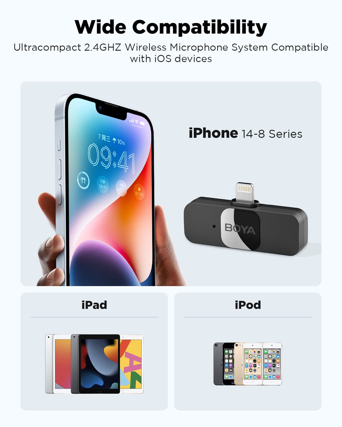 BOYA by-V2 Wireless Microphone for iPhone,2.4GHz Plug Play Mnini Clip-on Mic for iPhone 14/14 Pro/13/13 Pro/12 iPad iOS Devices Vlogging YouTube Video Recording Podcast Interview