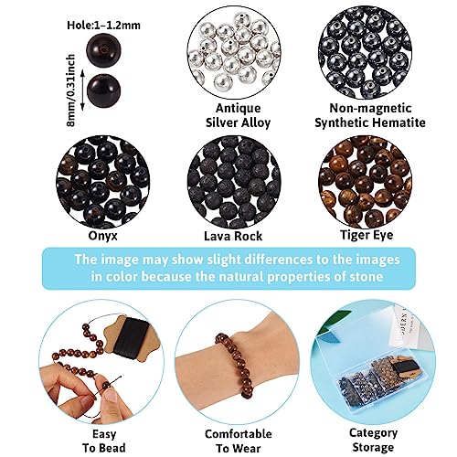 FASHEWELRY Mala Yoga Men Bracelet Making Kit - 220pcs Natural Gemstone Lava Rock Tiger Eye Beads Healing Crystal Chakra Stone Beads with Black Nylon String for Essential Oil Diffuser Jewelry Making